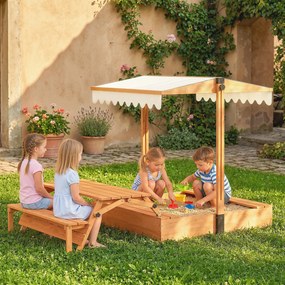 AIYAPLAY dřevěné pískoviště pro děti s nastavitelným baldachýnem, sklápěcím piknikovým stolkem a lavicemi, pro 6 dětí, 184 × 110 × 120 cm, hnědé