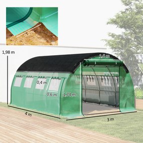 polytunelový skleník 4 x 3 x 2 m s ochrannou sítí proti slunci, rolovací boční stěny, plastový kryt, ocelový rám, zelený