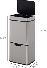 HOMCOM Odpadkový koš 72L Odpadkový koš se senzorem, systém třídění odpadu, 3 přihrádky, nerez, stříbrná, 42x30x81 cm| Aosom