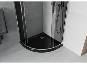 Mexen Rio, čtvrtkruhový sprchový kout s posuvnými dveřmi 90 x 90 cm, 5mm šedé sklo, chromový profil + černá sprchová vanička, 863-090-090-01-30-4170