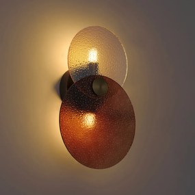 Nástěnná lampa Art Deco tmavý bronz s jantarovým sklem, 2 světla - Text