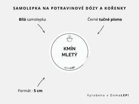 KMÍN MLETÝ - omyvatelná samolepka na kořenky, výběr rozměrů Ø 5 cm / 5 x 5 cm / 6 x 8 cm | DomaLEP tvar: KOLEČKO, barva: BÍLÁ - ČERNÉ písmo, velikost: Ø 5 cm - tučné písmo