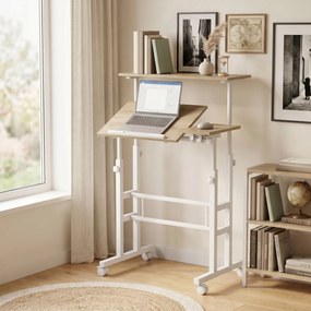HOMCOM sedací‑stojací stůl výškově nastavitelný 70 x 60 cm na kolečkách s naklápěcí deskou, kovový rám, hnědý