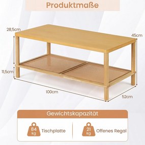 Costway Dřevěný odkládací stolek Obdélníkový s ratanovou policí s nastavitelnými