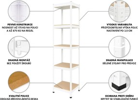 Regál 180x40x40 cm lakovaný 5-policový, nosnost 875 kg - bílý