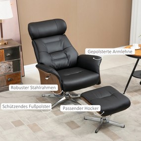 HOMCOM polohovací křeslo s taburetem a funkcí polohování, otočné TV křeslo do 150 kg, umělá kůže černá pro pohodlí a relaxaci | Aosom.de