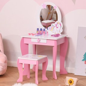 Dětský toaletní stolek s designem jednorožce HOMCOM - včetně stoličky - 49D x 34Š x 90V cm - zásuvka, zrcadlo - MDF - Růžová Bílá