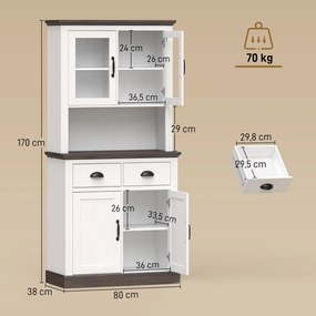 HOMCOM vysoká kuchyňská skříň se skleněnými dveřmi, 2 zásuvky, nastavitelné police, otevřená přihrádka, 80x38x170 cm, bílá
