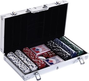 Sada pokerových kufříků HOMCOM s 300 žetony, 2 balíčky karet a 5 kostkami v hliníkovém kufříku, ideální pro kasinové večery, 38x20,5x6,5cm