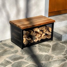 KULHÁNEK Lavice se zásobníkem na dřevo Odstín nátěru: lazura - ořech, Odstín podnože: černá - RAL 9005