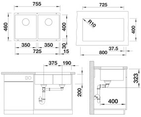 Blanco Subline 350/350-U, silgranitový dřez 755x460x200 mm, 2-komorový, černá, BLA-525987