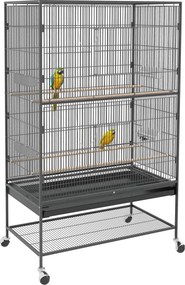 PawHut voliérová klec pro ptáky s bidly, ptací dům se shellem, spodním zásobníkem, dveřmi, koly pro malé ptáky, ocel, šedá, 94 x 57 x 153 cm | Aosom