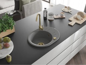 Mexen Kevin, granitový dřez 586x458x190 mm, 1-komorový, šedá se zlatým sifonem, 6517581005-71-G