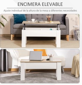 HomCom Zvedací Konferenční Stolek s Skrytým Úložným Prostorem 100x50x45-58.5 cm Bílý a Přírodní