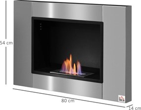 HOMCOM Nástěnný vestavěný biolíh krb s hořákem 0,9 L, 3hodinový čas hoření, rozměry 80L x 14W x 54H cm, pokrytí 25-30 m², nerezová ocel | Aosom