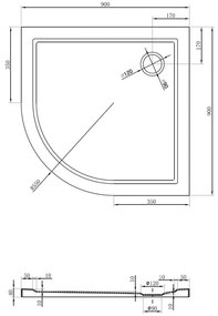 Mexen Flow, čtvrtkruhová sprchová vanička slim 90 x 90 cm, černá matná - 46Q709090