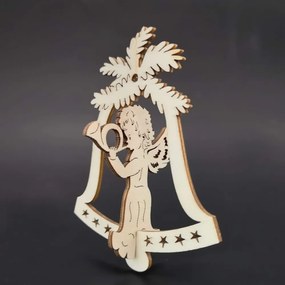 AMADEA Dřevěná ozdoba 3D zvonek - anděl s lesním rohem 9 cm