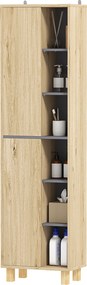 HOMCOM Koupelnová sloupková skříň, Koupelnová skříň s 6 otevřenými přihrádky a 2 skříněmi, rozměry 40Š x 24H x 148V cm, přirodní dřevo