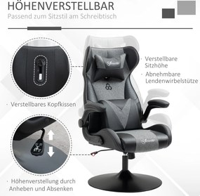 Ergonomická herní židle Vinsetto s nastavitelnou výškou, kulatou základnou, sklápěcími opěrkami, podhlavníkem a bederními polštáři, PU šedá černá