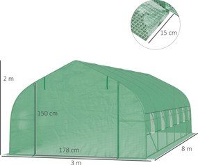 Outsunny Zahradní Greenhouse Tunel 8x3x2 m se 12 Okny a Rolovacím Dveřmi pro Pěstování Rostlin Rajčat a Zeleniny - Ocel a PE 140 g/m² Zelená
