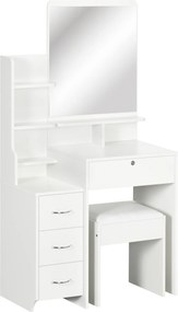 HOMCOM Toaletní stolek s taburetem a zrcadlem, toaletní stůl se 4 zásuvkami, 4 úložnými prostory, moderní styl, 80x38x143 cm Bílá