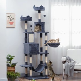 PawHut Škrabadlo 206 cm Kočičí věž s jeskyní, 2 hrací balíky, sisalové sloupky, plošina pro velké kočky, tmavě šedá barva