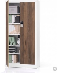 Kovová kancelářská skříň se zámkem na kód bílá, ořech, 900x1850x400 mm: DANIEL Eco Design