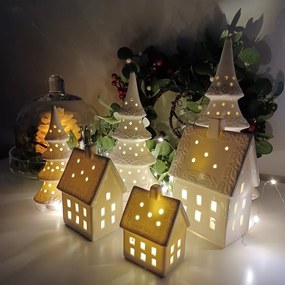 LED dekorace keramický domeček 7 × 6 × 10 cm, teple bílá, 2× LR44
