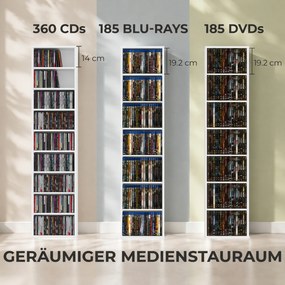 HOMCOM Police na CD/DVD, 9 úrovní, úzká volně stojící police se 6 nastavitelnými policemi, pro 260 CD, bílá