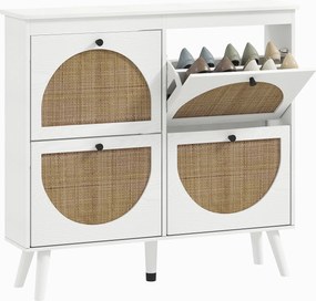 HOMCOM Skříň na boty s 4 skládacími dveřmi, 20 párů, s nastavitelnou policí, bohémský styl, solidní dřevěné nohy 105 x 24 x 97,5 cm Bílá