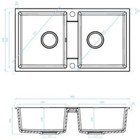 Kuchinox Rab, 2-komorový granitový dřez 800x440x186 mm, šedá, LAV-SBF_520Y