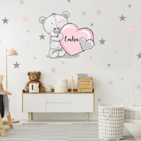 INSPIO Dětská samolepka na zeď - Medvídek pudrový s hvězdami a jménem