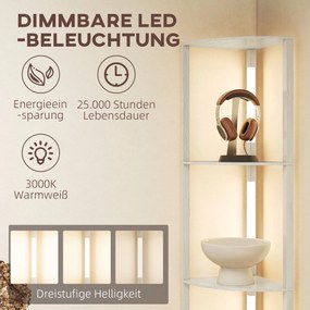 HOMCOM LED stojací lampa, rohový regál, stmívatelná, 4 police, teplé bílé světlo, 41x30x164 cm, dub