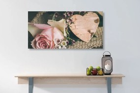 Obraz růže a srdíčko ve vintage provedení - 120x60 cm