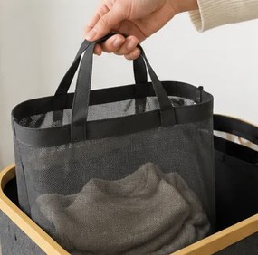 koš na prádlo, objem 110+ l, s víkem, 3 odnímatelné tašky, látka/bambus, 75x43x32 cm, šedá/přírodní, Dekorino KP20260003