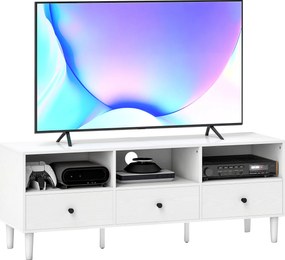 HOMCOM Moderní TV stolek do obývacího pokoje s 3 otevřenými přihrádkami, 3 zásuvkami a otvorem na kabely pro TV 45/55/65 palců 120x34x45 cm Bílý | Aos