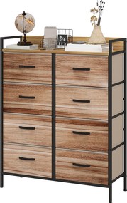HOMCOM Skříň s úložným prostorem, komoda s 8 odejmoutelnými textilními zásuvkami, horní policí a ocelovým rámem 79L x 29W x 101H cm Přírodní a Černá