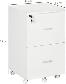 Šuplíkový kontejner na kolečkách Vinsetto - kancelářský nábytek s 2 zamykatelnými šuplíky z MDF a dřevotřísky, rozměry 43L x 45W x 72H cm, Bílý