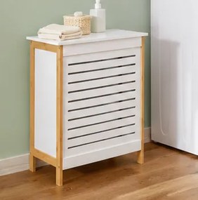 koš na prádlo, objem 65 l, s víkem, masivní dřevo, 60x50x30 cm, bílá/přírodní, Dekorino KP20260027