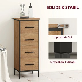 HOMCOM Koupelnová skříňka, 4 zásuvky, kompaktní, průmyslový styl, dřevotříska, kov