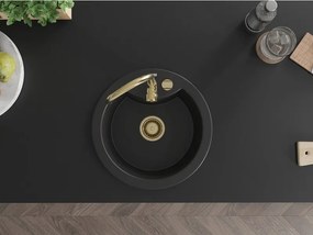 Mexen Diego, granitový dřez 488x488x167 mm, 1-komorový, černá se zlatým sifonem, 6512481000-77-G