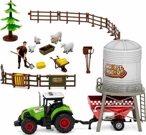LEAN Toys Sada „Farma“ s traktorem, stájí, silem, figurkami zvířat a nářadím, 49 dílů