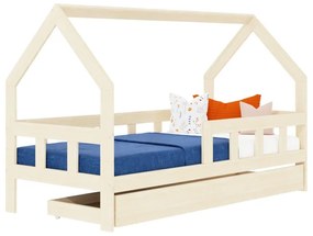 Benlemi Dětská postel domeček FENCE 2v1 ze dřeva se zábranou a úložným šuplíkem Zvolte barvu: Nelakovaná, Zvolte rozměr: 90x180 cm, Zvolte zábranu: S otevřeným vstupem