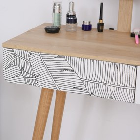 HOMCOM Toaletní stolek s kulatým zrcadlem Ф39cm, Toaletní stolek se zásuvkou s dekorací džungle, Bílý a dubový, 70x39x119-128cm