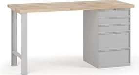 Dílenský pracovní stůl G7, buková spárovka, 1700 x 800 x 840 mm, 1x kontejner, 5 zásuvek, šedá