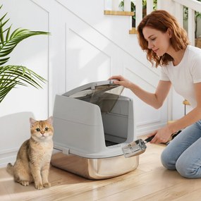 PawHut krytá nerezová kočičí toaleta s horním otevíráním, dvojím vstupem, lopatkou, vysokými stěnami, odolná proti prosakování, proti zápachu, snadno…
