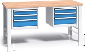Výškově nastavitelný pracovní stůl do dílny G3 se 2 závěsnými boxy na nářadí, buková spárovka, 6 zásuvek, 1700 x 685 x 840 - 1050 mm, modrá