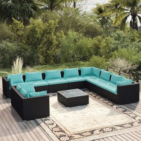 vidaXL 11dílná zahradní sedací souprava s poduškami polyratan [3102522] Barva: Černá a modrá water blue