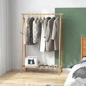 HOMCOM Bambusový věšák na oblečení, dřevěný stojan na kabáty s policí na boty, rozměry 110D x 42Š x 152V cm