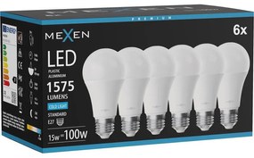 Mexen Nova 6x LED žárovka E27, A60, 15W, Studená - 6500K, 1575 lm - L100-E27-1565-01x06